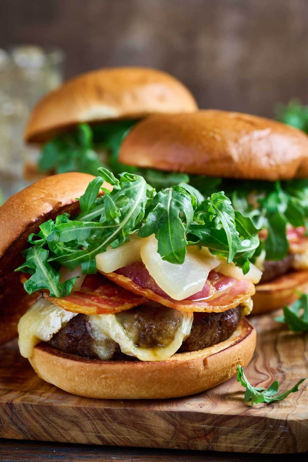 Brie Burgers with Bourbon Poached Pears