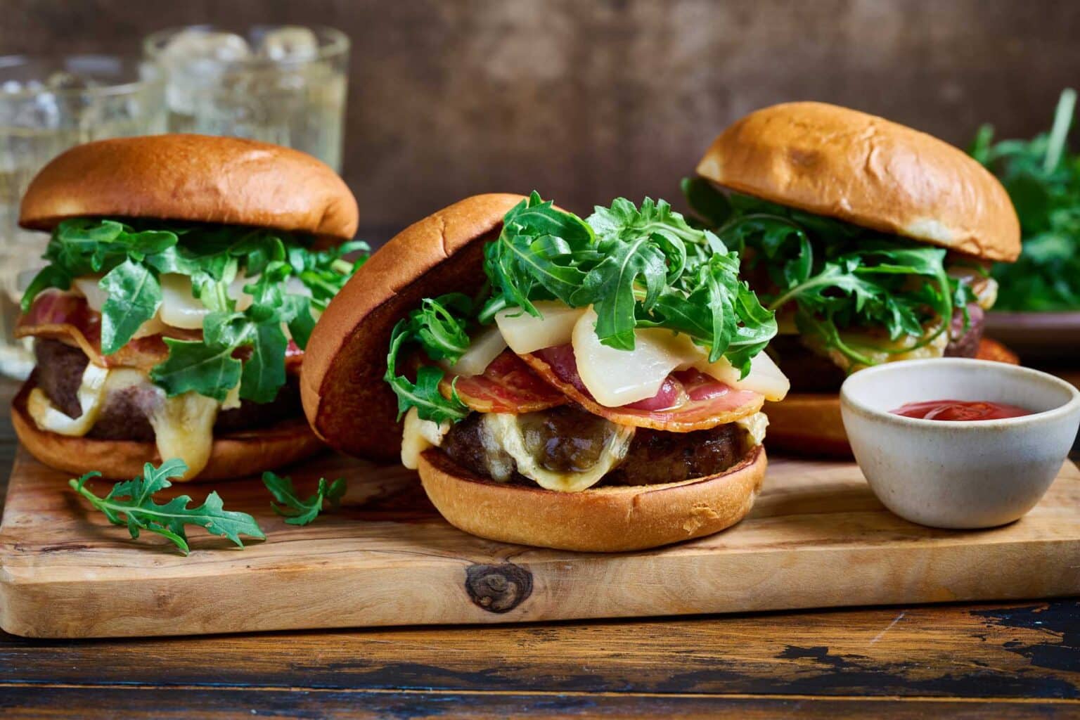 Brie Burgers with Bourbon Poached Pears