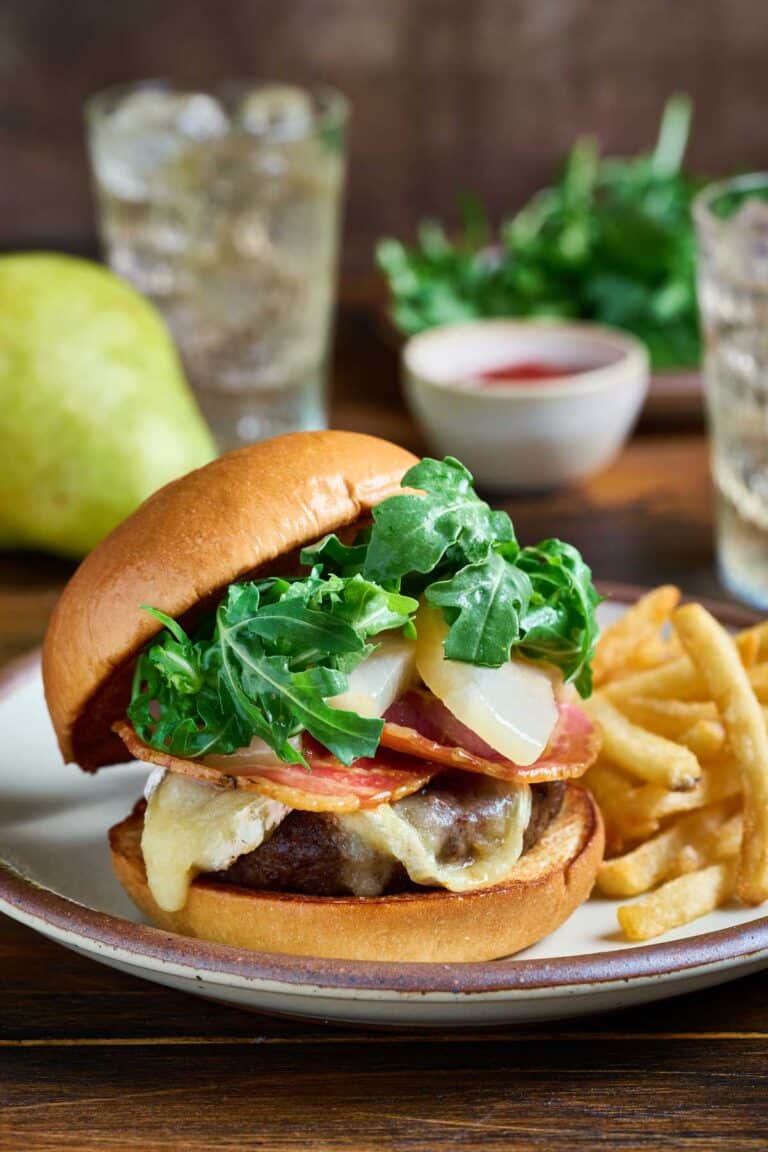 Brie Burgers with Bourbon Poached Pears