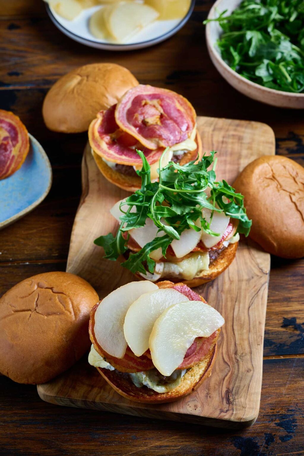 Brie Burgers with Bourbon Poached Pears